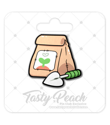 'Growth' Seed Bag and Trowel Kofi Pin Club Enamel Pin – Tasty Peach Studios